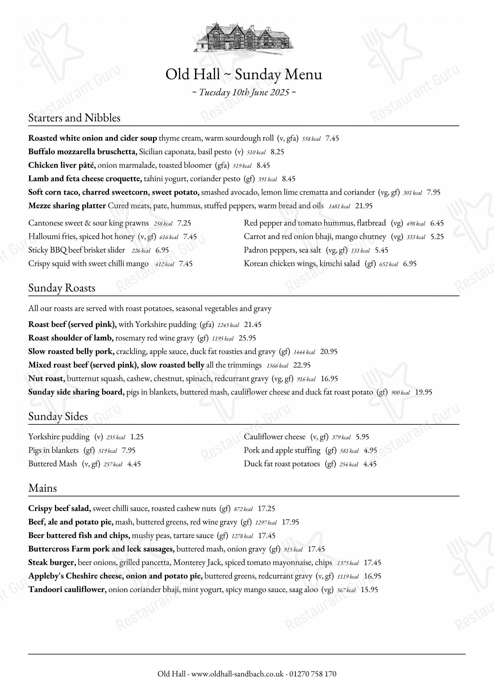 Menu at Old Hall pub & bar, Sandbach