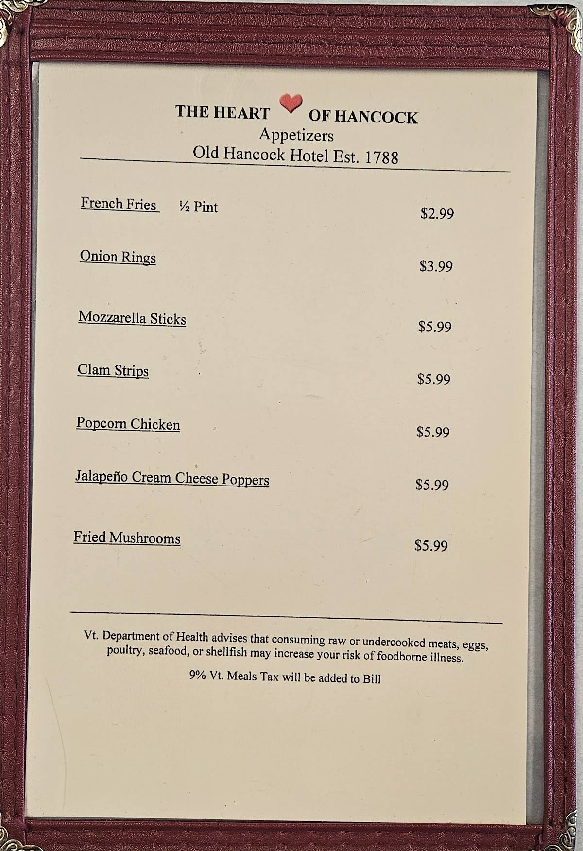 Menu at Old Hancock Hotel incl. Heart of Hancock restaurant, Hancock