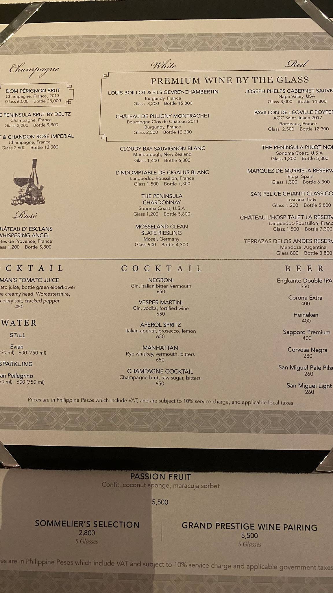 Menu at Old Manila at The Peninsula Manila restaurant, Makati