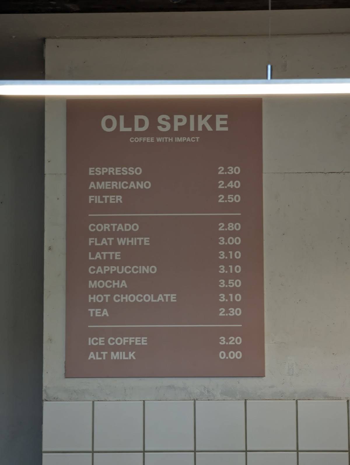 Menu at Old Spike Peckham cafe, London, 54 Peckham Rye