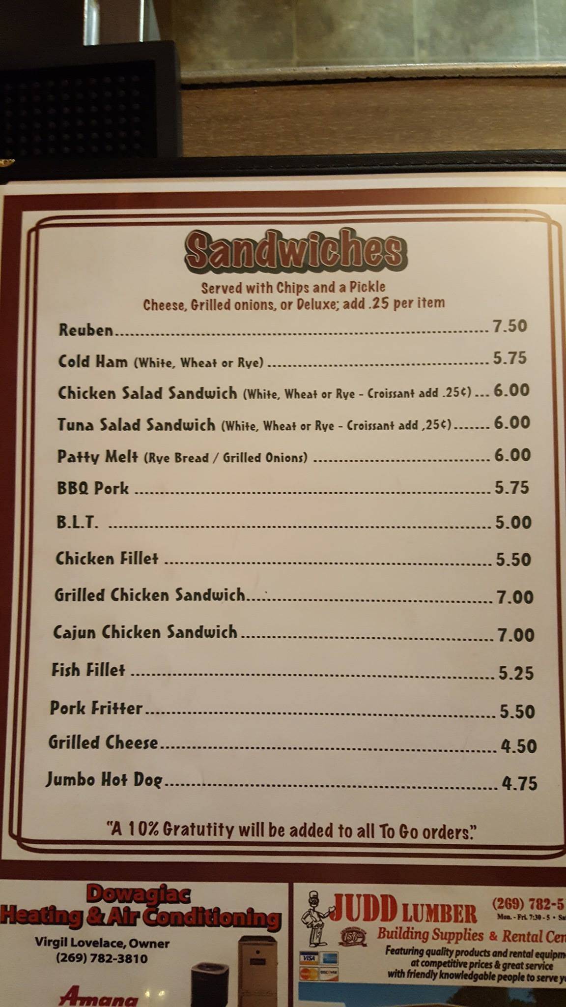 Menu at Old Tavern Inn pub & bar, Niles