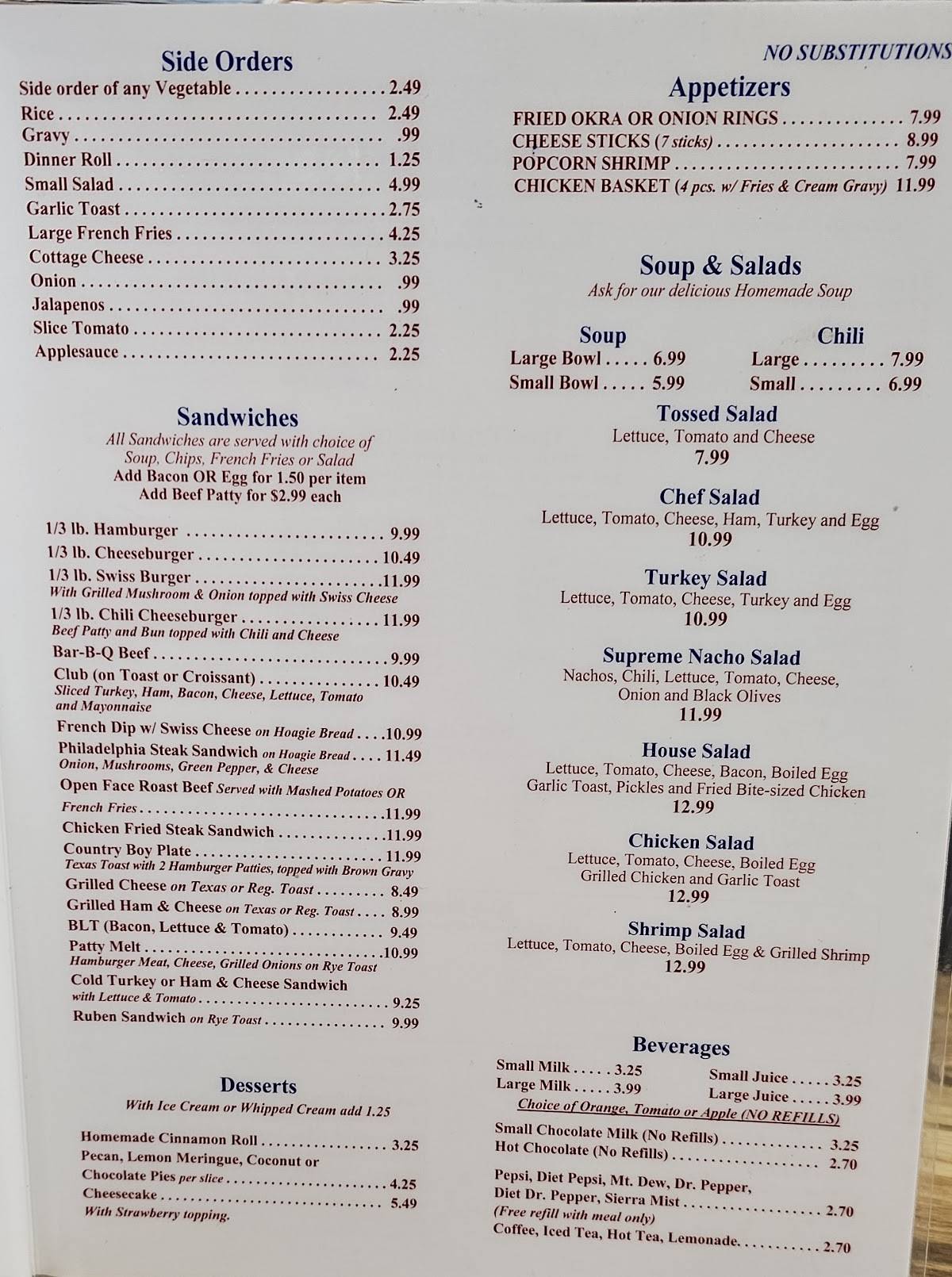 Menu at Old Town Cafe, Sand Springs