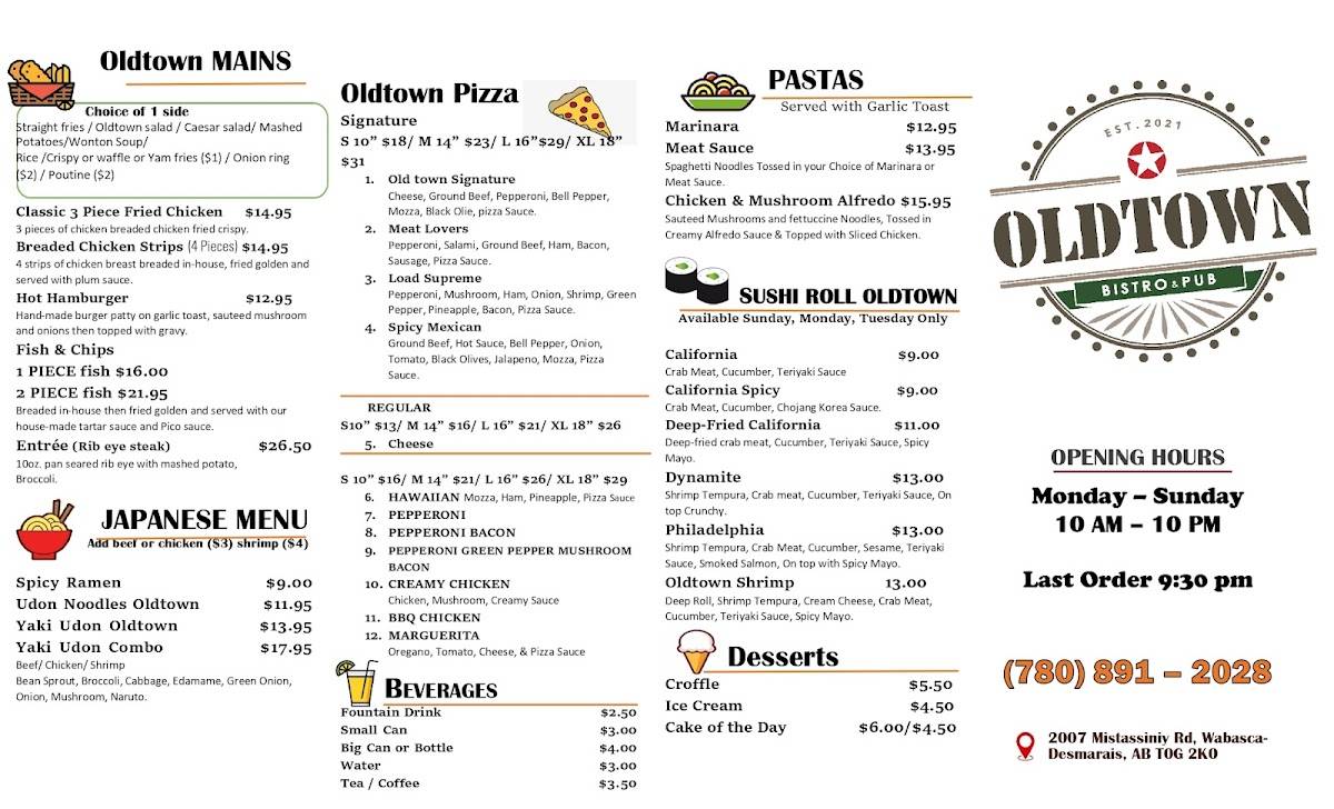 Menu au Old Town Restaurant & Bar, Wabasca