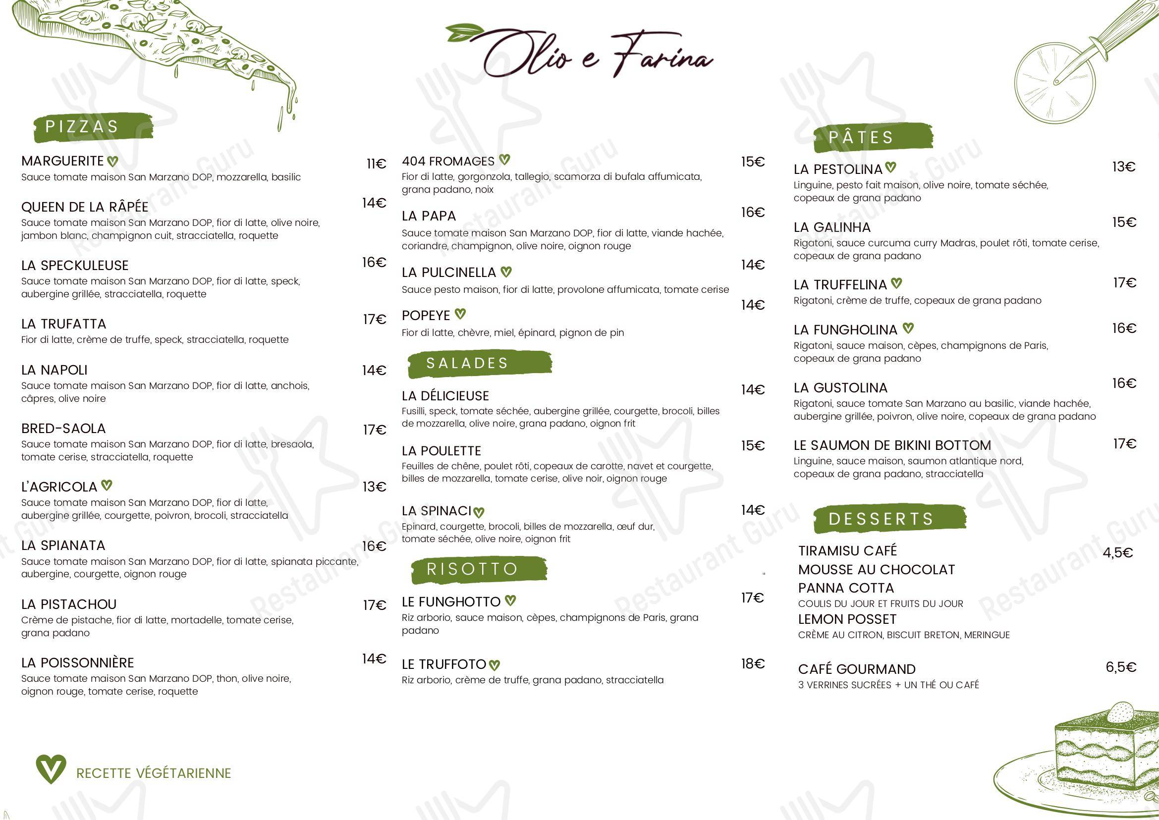 Menu au Olio e Farina Pizzeria Paris, Paris