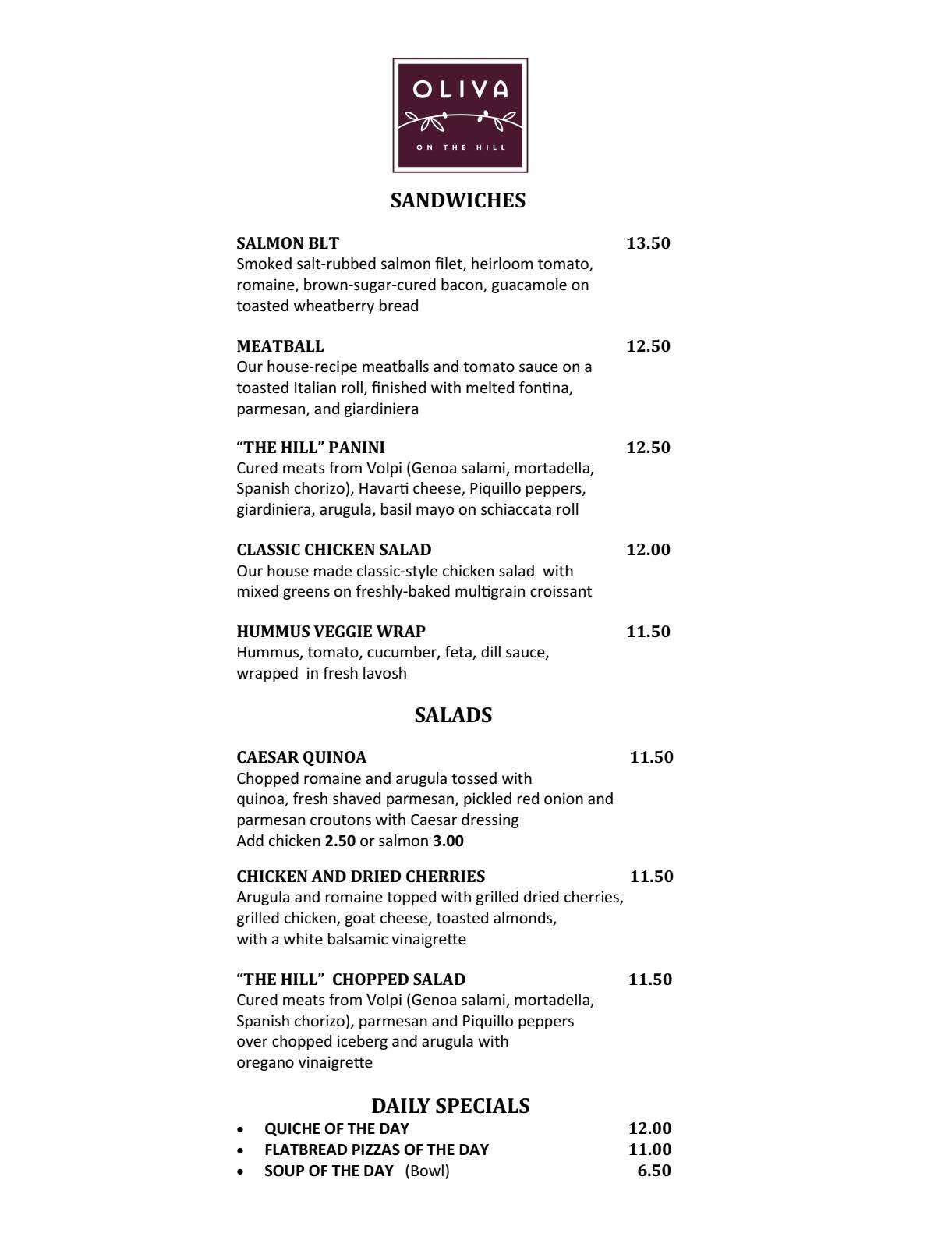 Menu at Oliva on the Hill restaurant, St. Louis