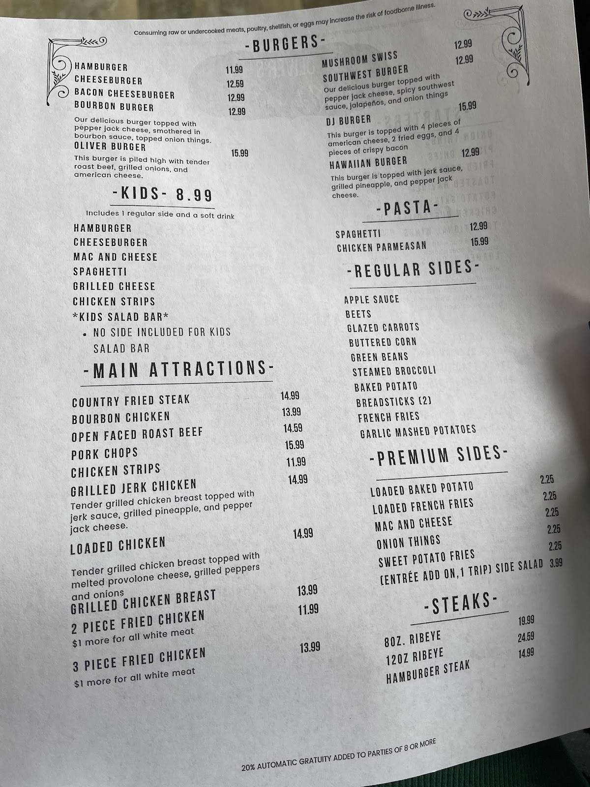 Menu at Oliver's steakhouse, Warrenton
