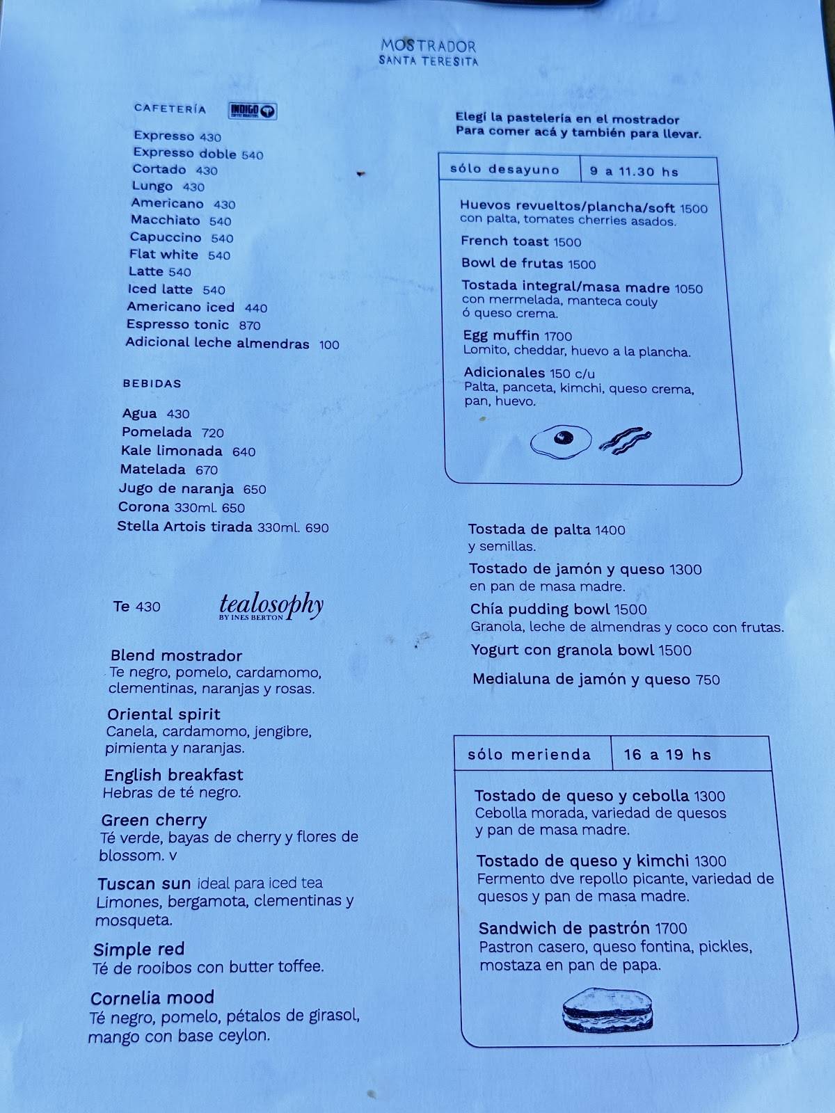 Carta del restaurante Mostrador Santa Teresita Olivos, Olivos