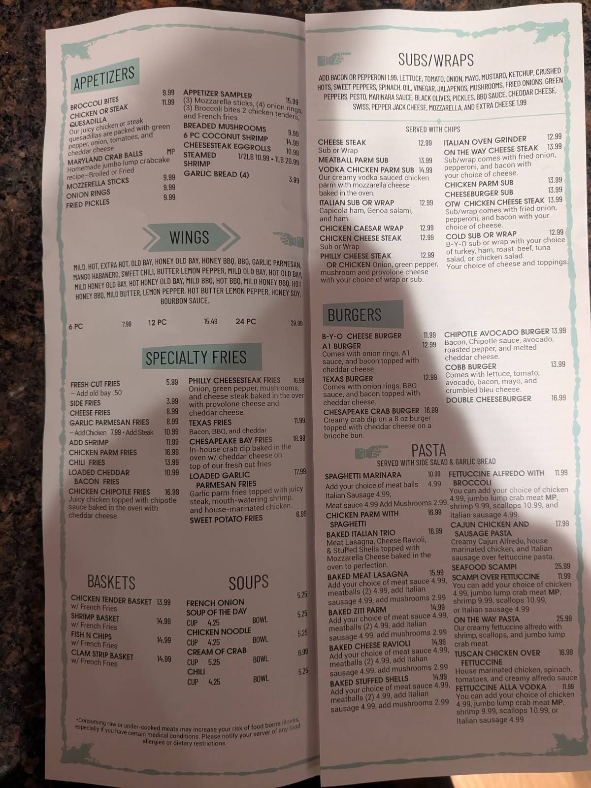 Menu at On The Way Café Selbyville pizzeria, Selbyville
