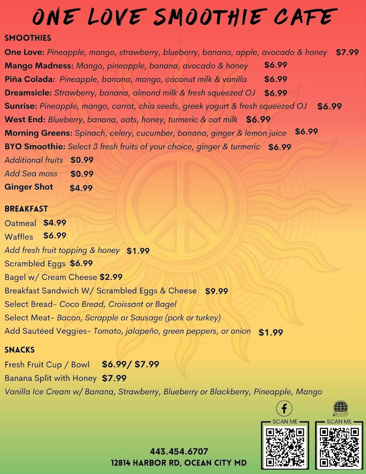 Menu at One Love Smoothie Cafe, Ocean City