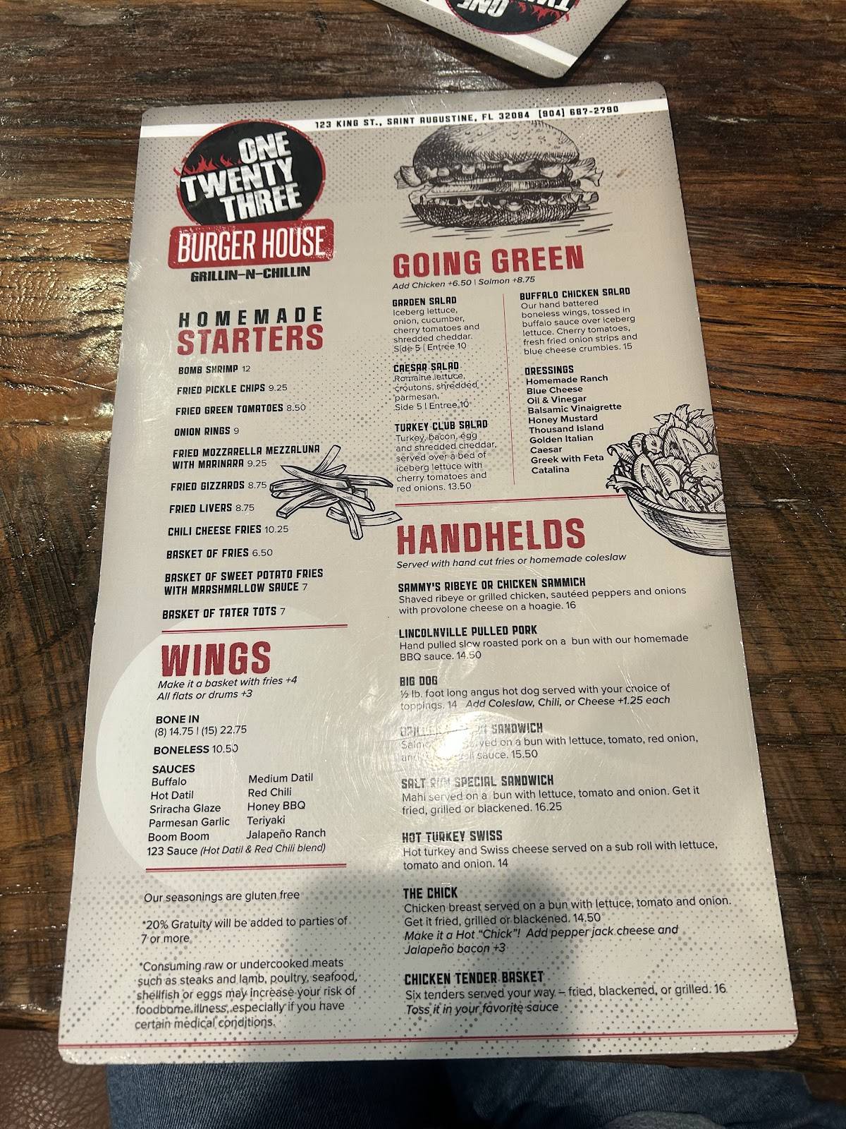 Menu at One Twenty Three Burger House restaurant, St. Augustine