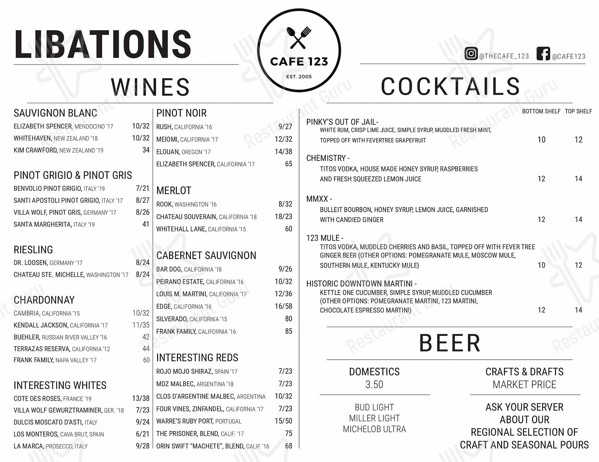 Menu at Café One Twenty Three restaurant, Opelika