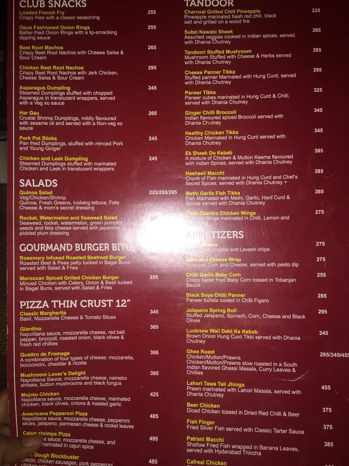 Menu at Opus Super Club, Bengaluru