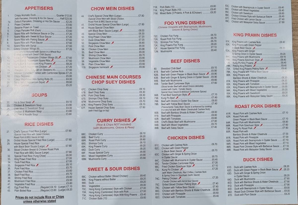 Menu at Orchid House Chinese fast food, Ormesby Saint Margaret