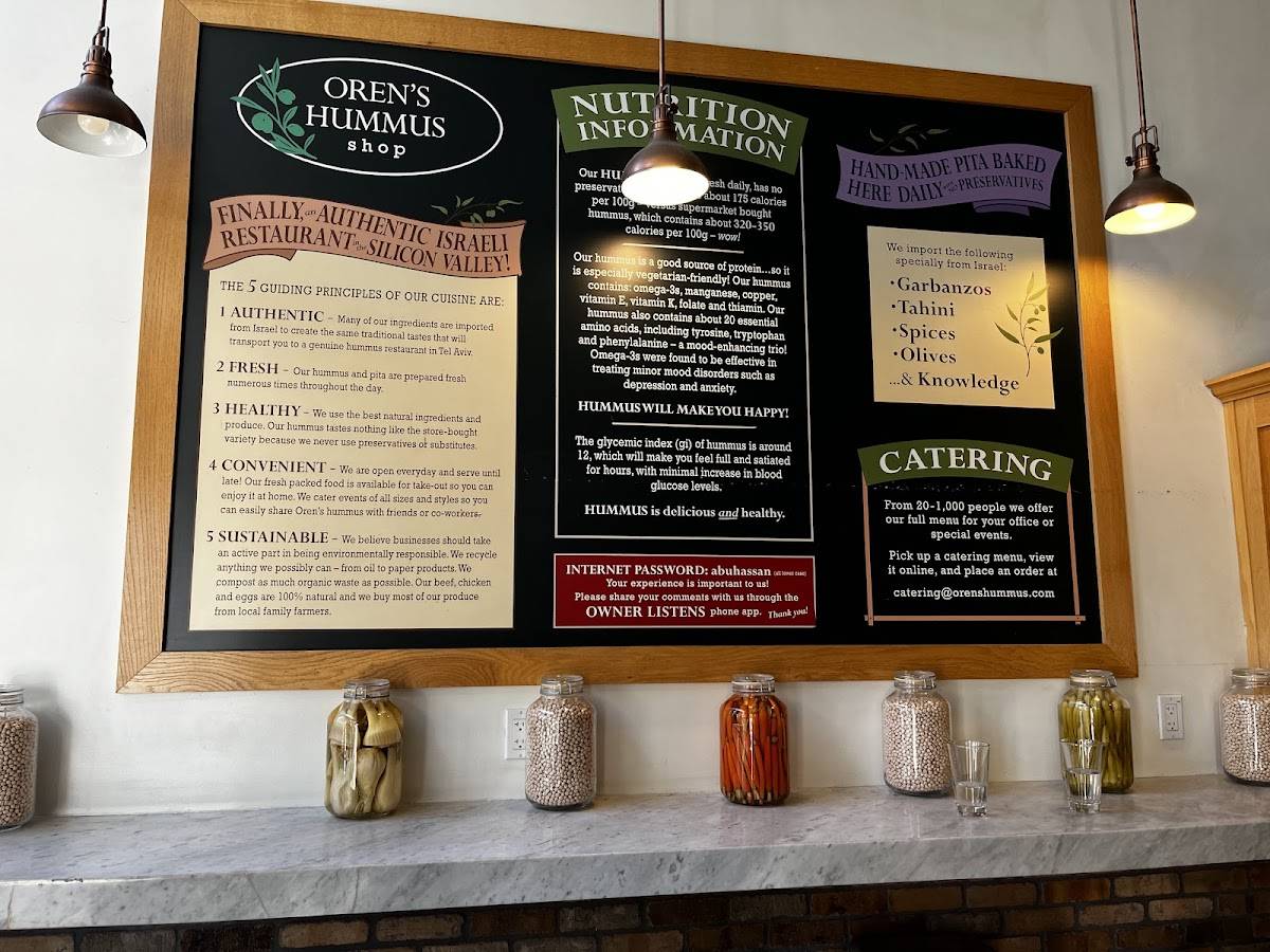 Menu at Oren's Hummus restaurant, Mountain View, 126 Castro St
