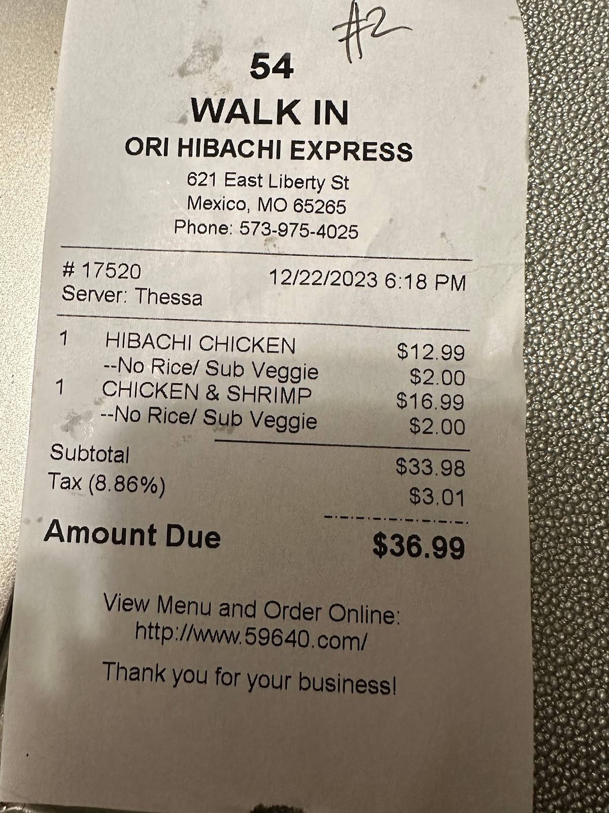 Menu at Ori Hibachi Express restaurant, Mexico