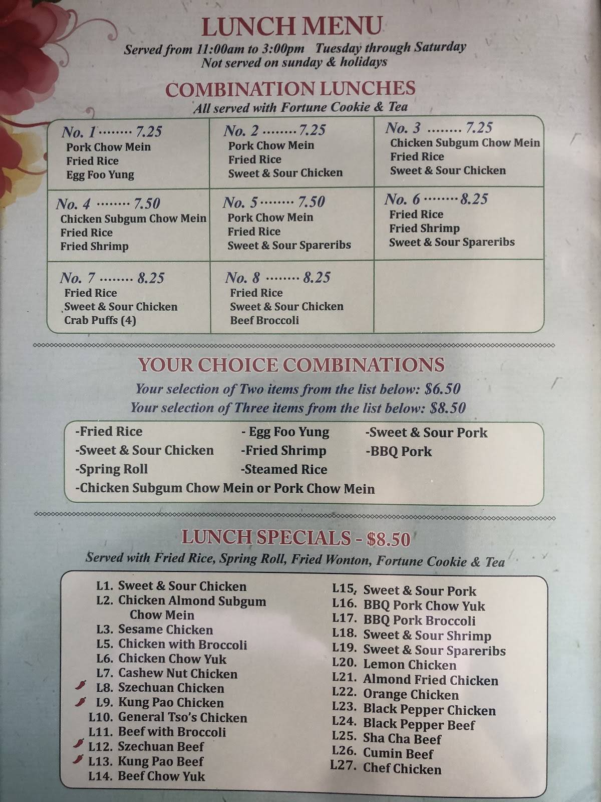 Menu at Orient Cafe, The Dalles