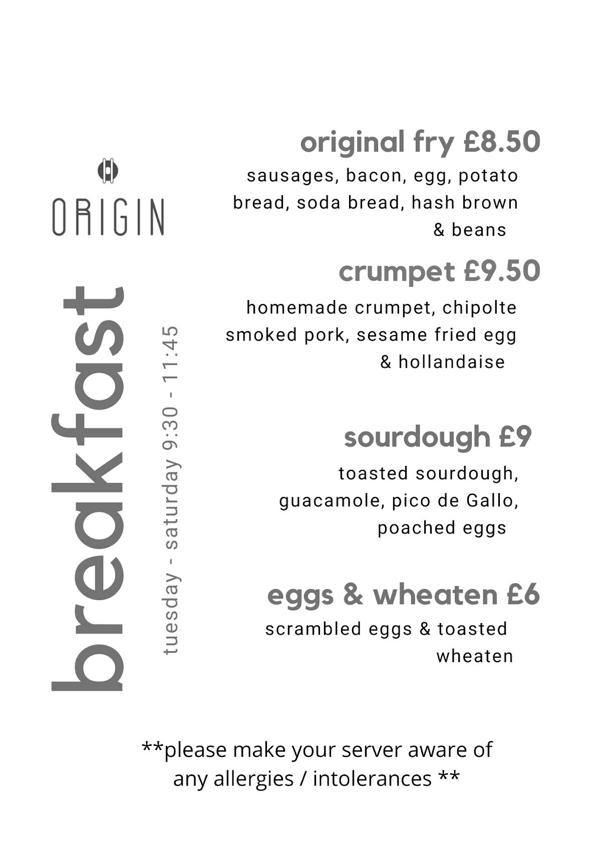 Menu at Origin 101 restaurant, Moira