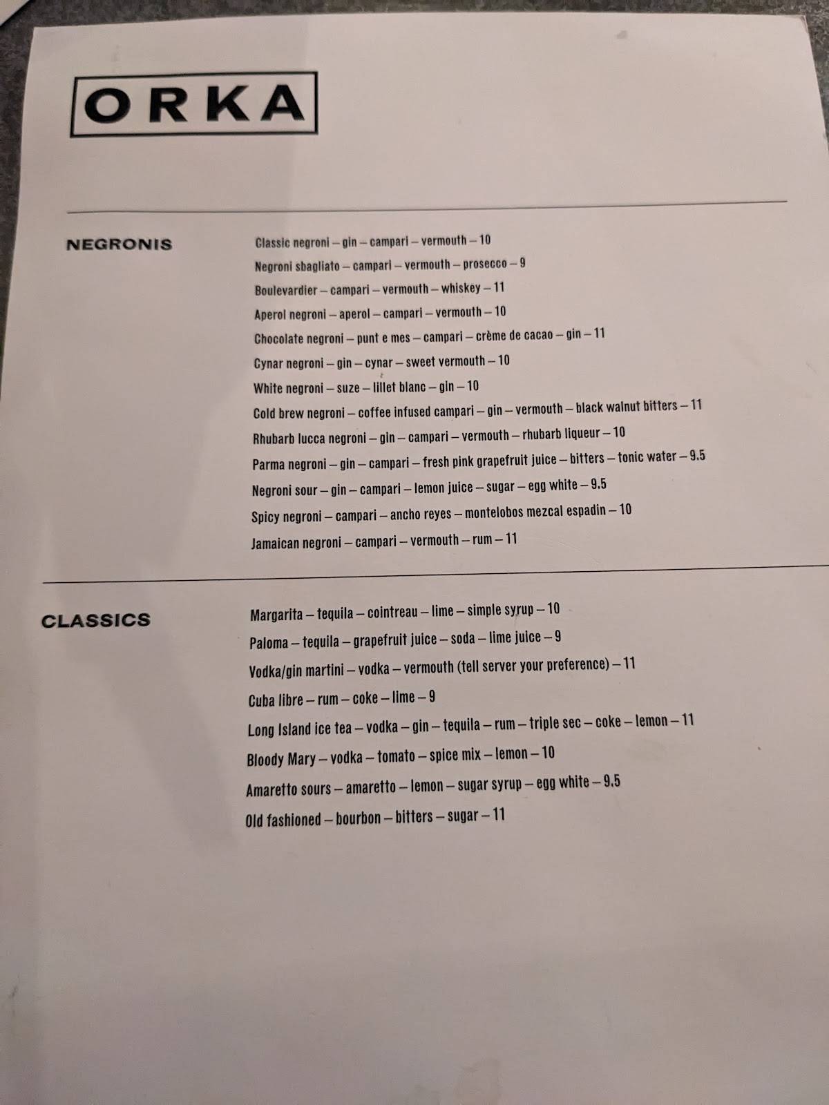 Menu at Orka restaurant, Swansea
