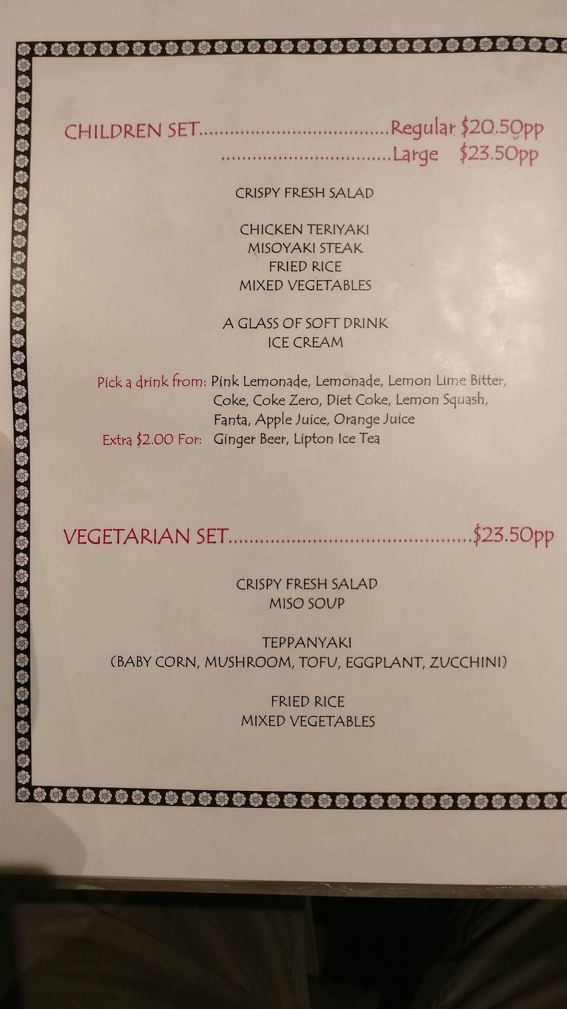 Menu at Osaka Japanese Teppanyaki Restaurant, St Leonards