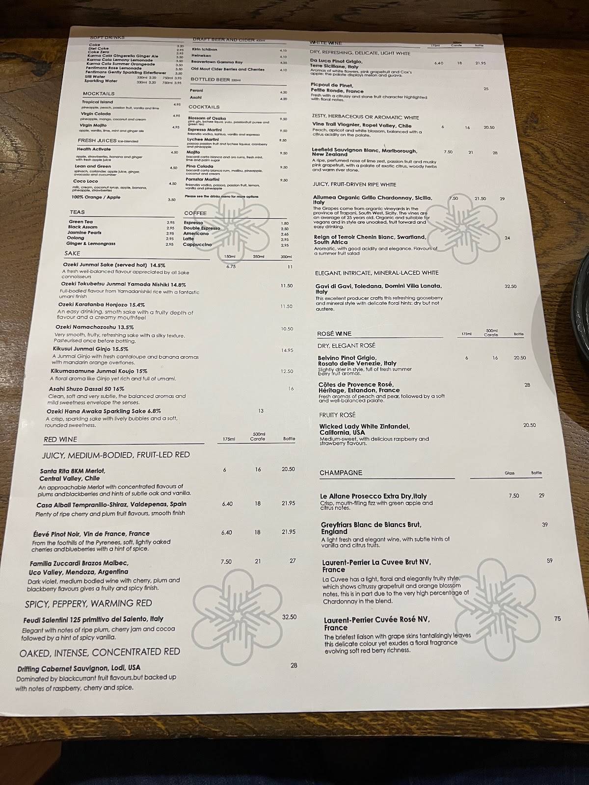 Menu at Osaka Reading restaurant, Reading