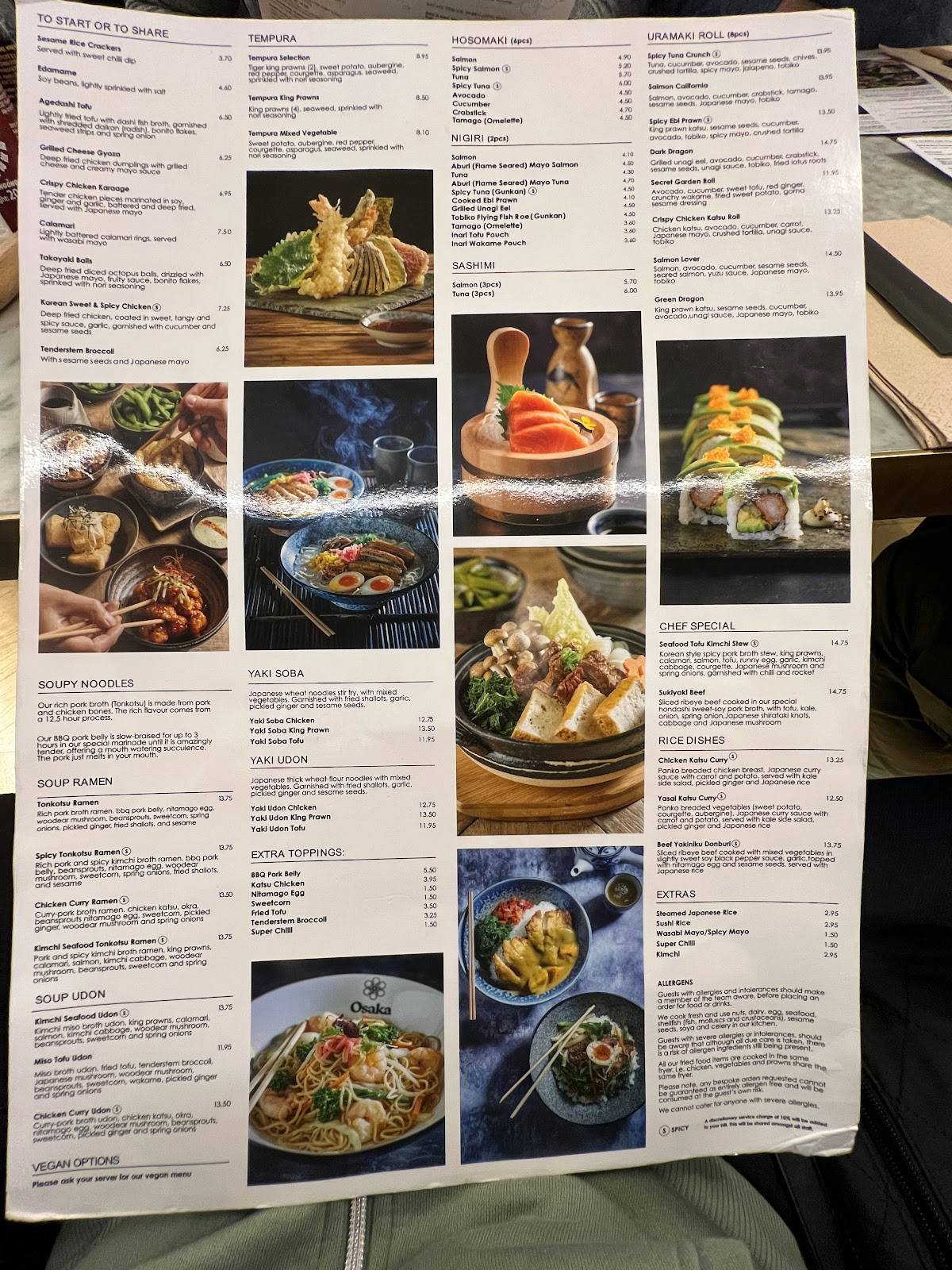 Menu at Osaka Reading restaurant, Reading