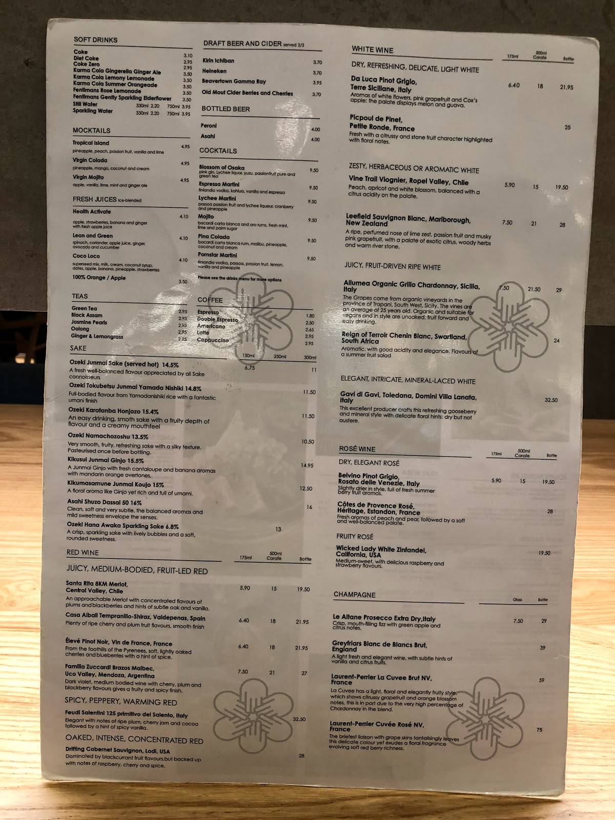 Menu at Osaka Reading restaurant, Reading
