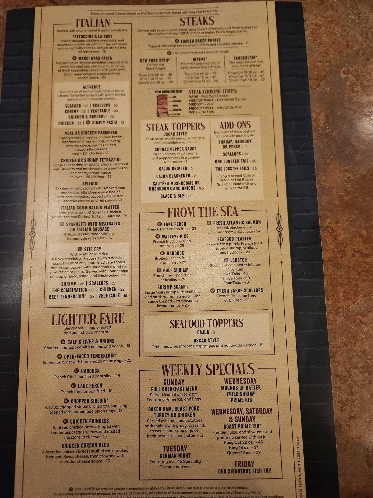 Menu at The Roxy Supper Club, Oshkosh