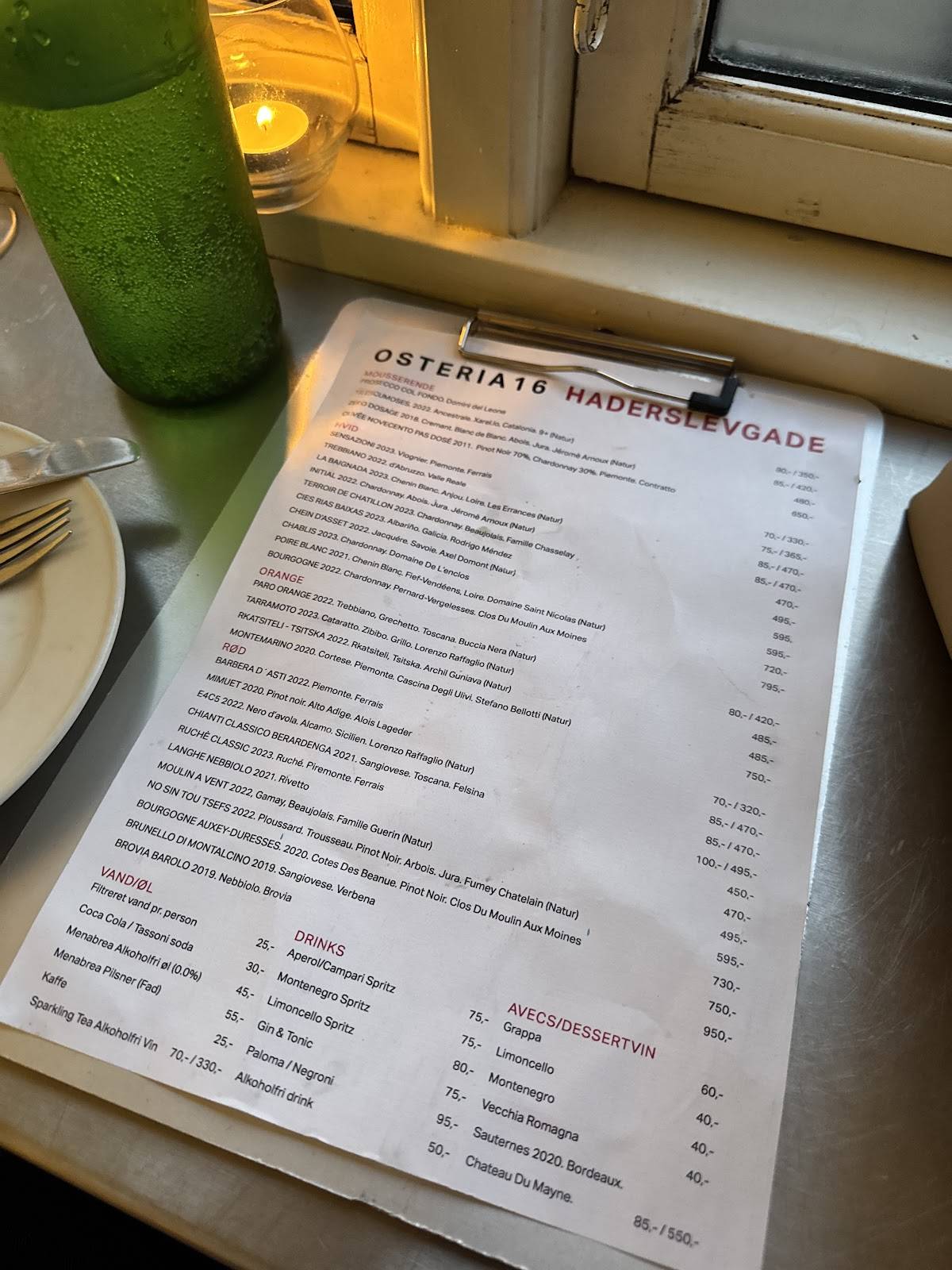Menu at Osteria 16 restaurant, Copenhagen, Haderslevgade 16