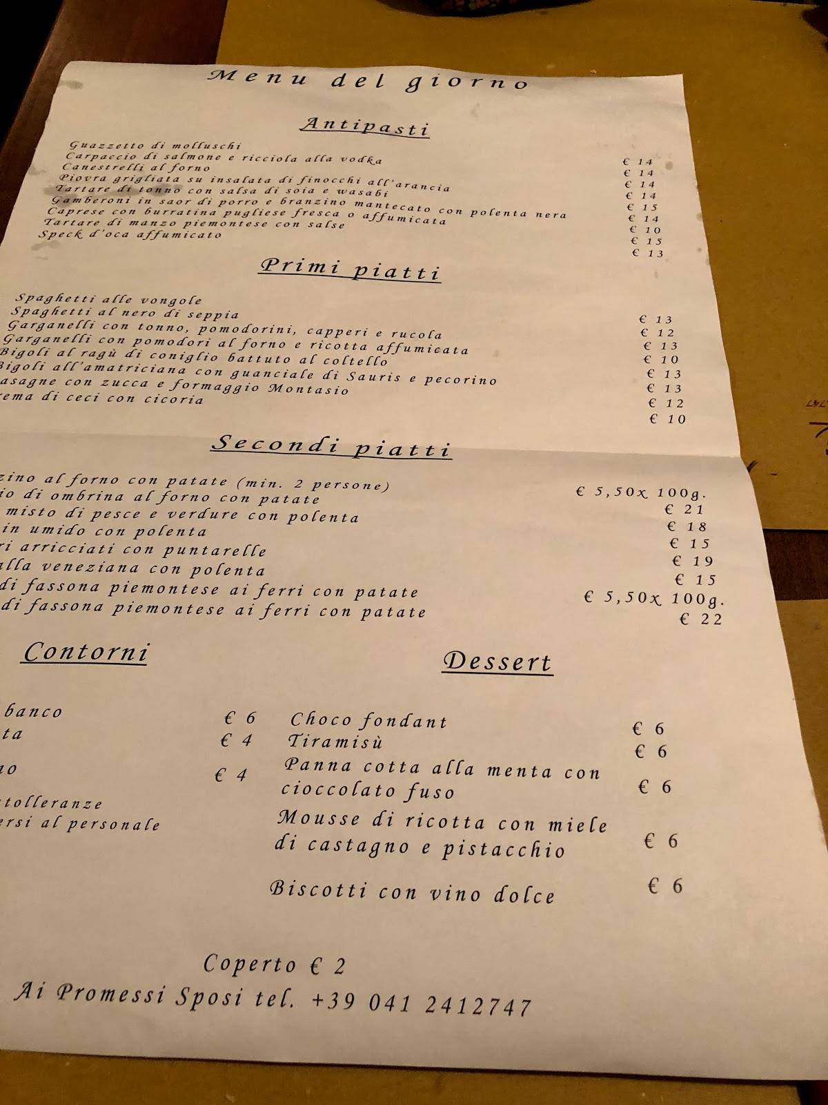 Menu at Osteria Ai Promessi Sposi restaurant, Venice