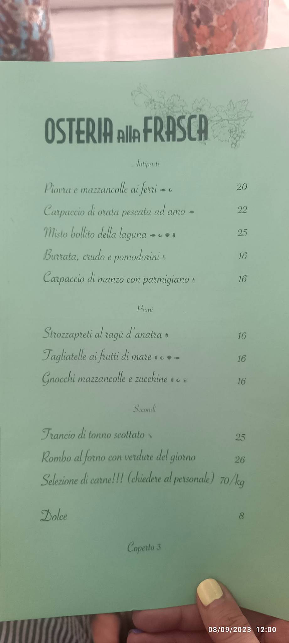 Menu at Osteria Alla Frasca restaurant, Venice, Corte de la Carità