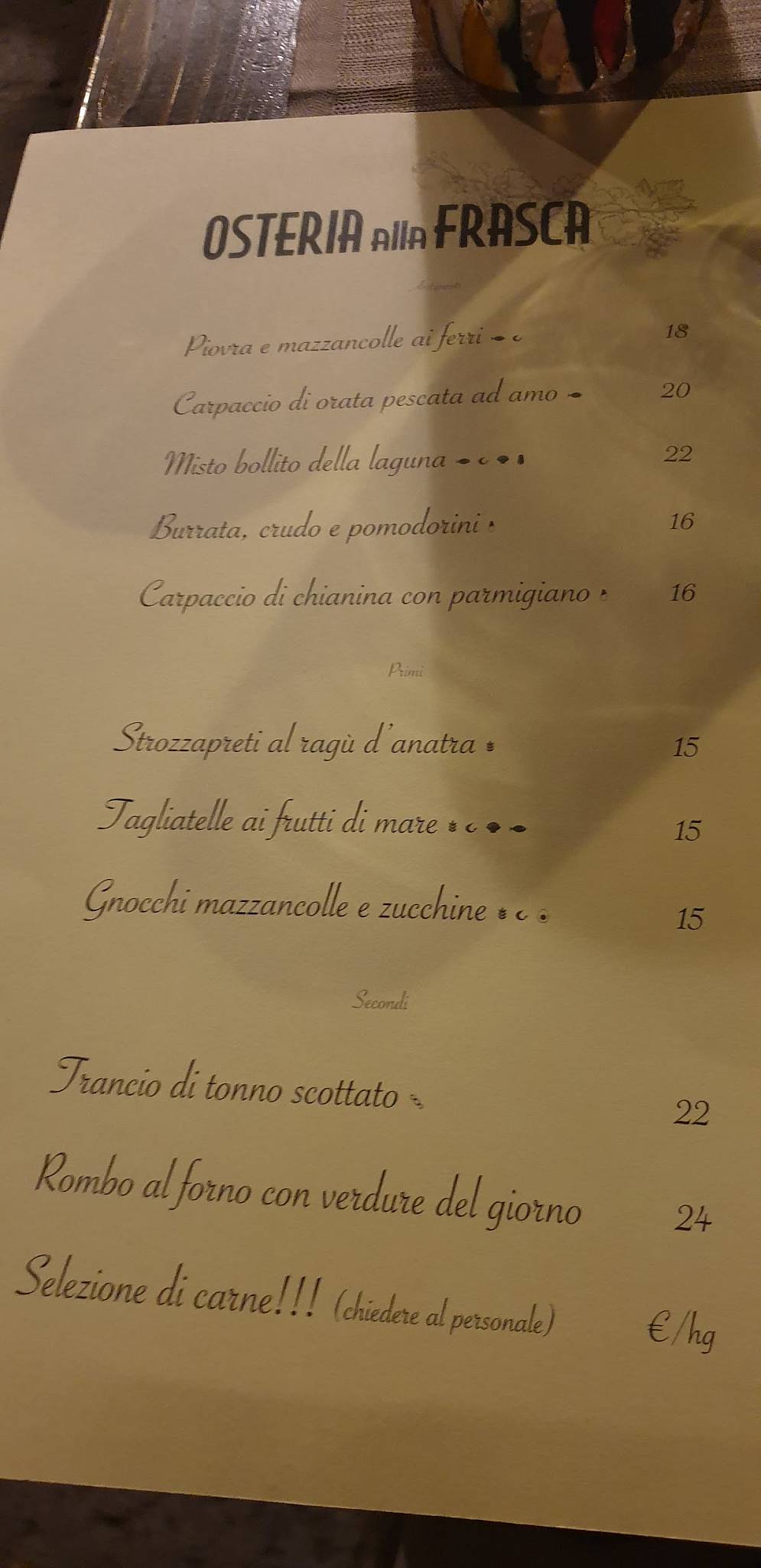 Menu at Osteria Alla Frasca restaurant, Venice, Corte de la Carità