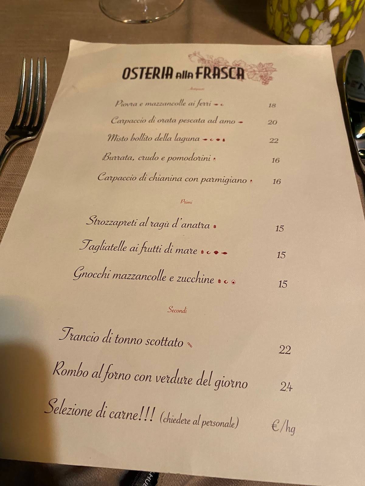Menu at Osteria Alla Frasca restaurant, Venice, Corte de la Carità