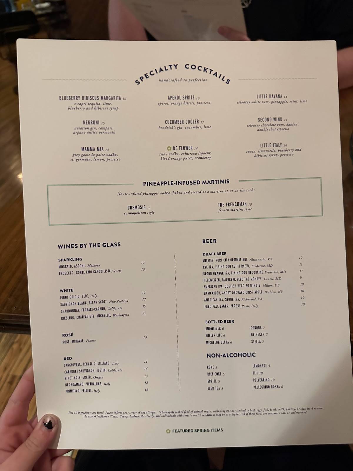 Menu at Osteria Costa restaurant, Oxon Hill
