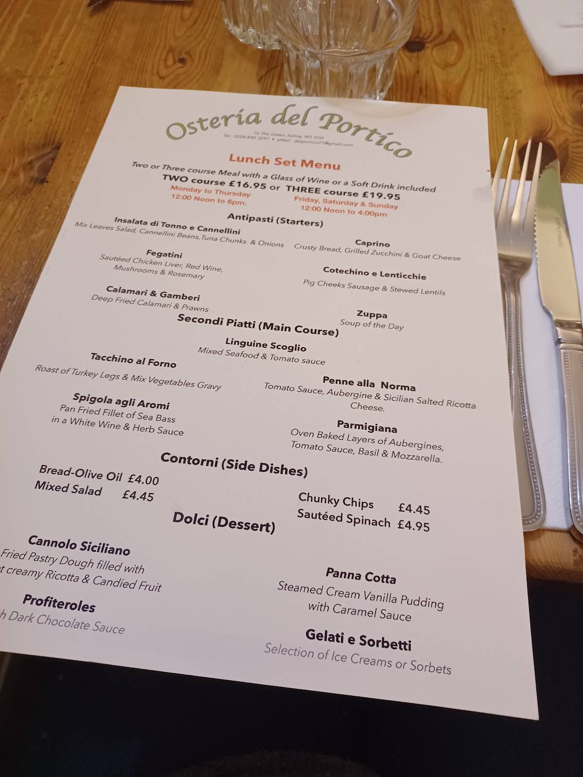Menu at Osteria del Portico restaurant, London, 7a The Grn