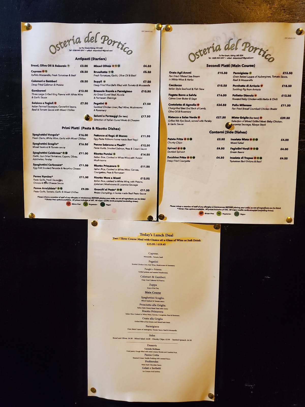 Menu at Osteria del Portico restaurant, London, 7a The Grn
