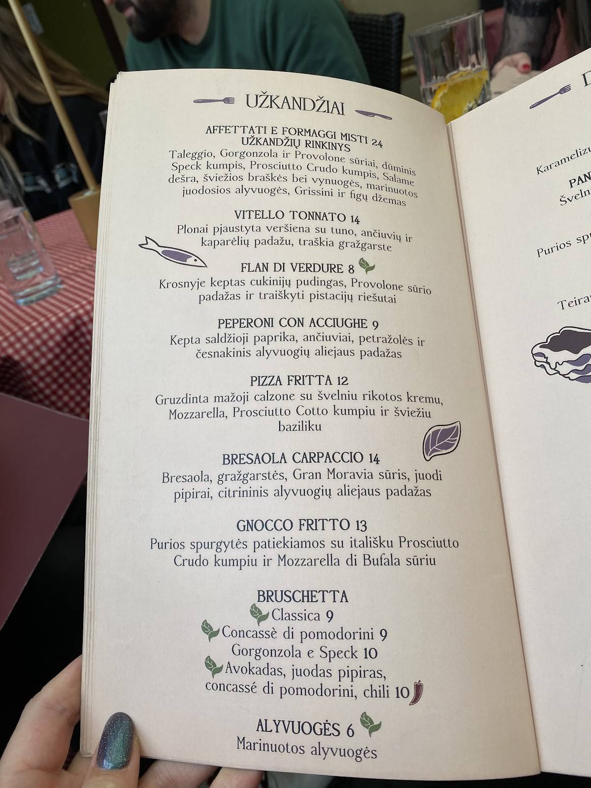 Carta del restaurante Osteria da Luca, Vilna, J. Basanavičiaus g. 15