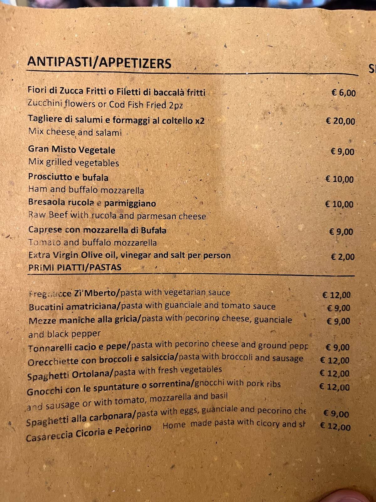 Speisekarte von Osteria da Zi Umberto restaurant, ROM