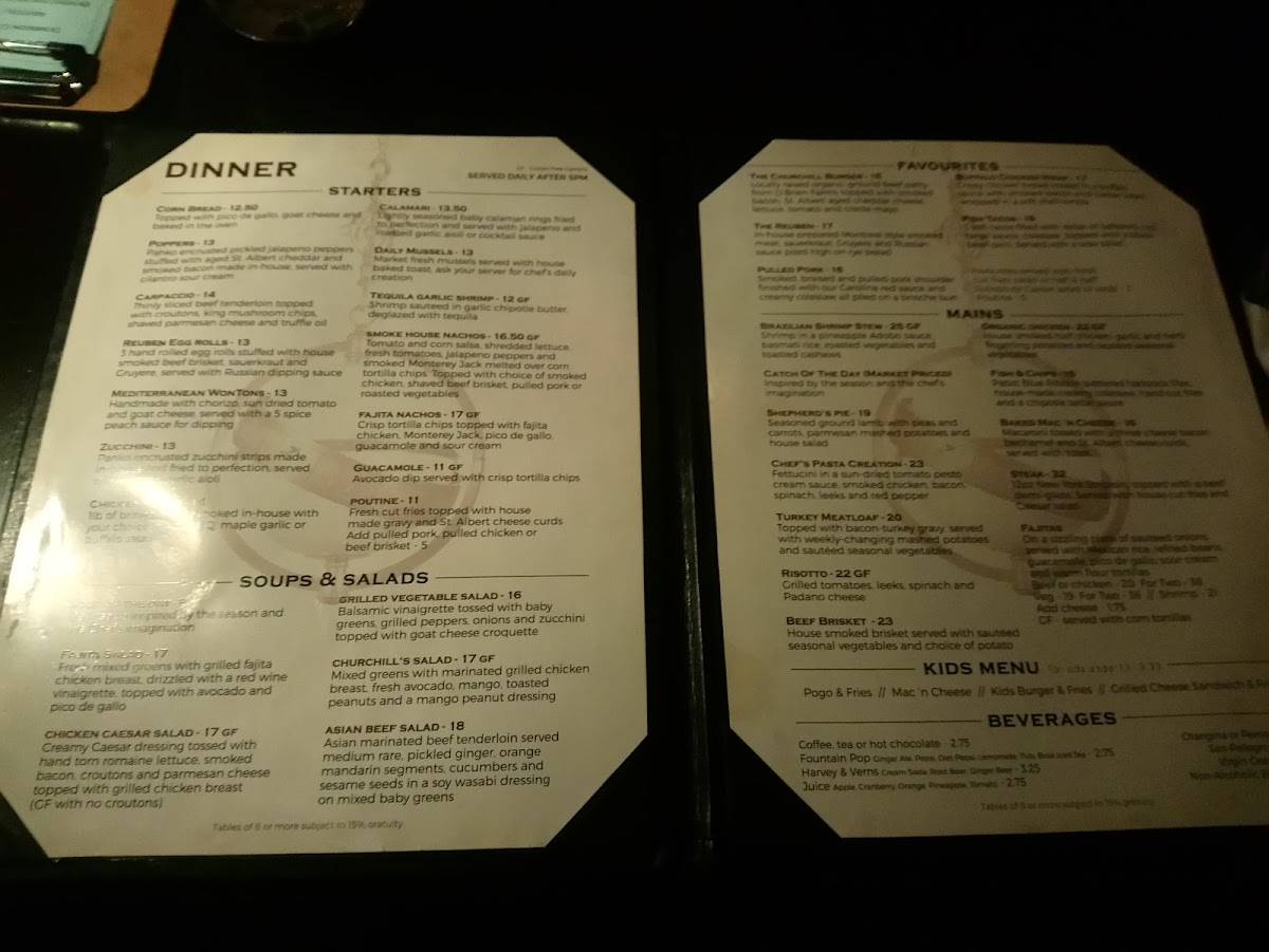 Menu at Churchills pub & bar, Ottawa