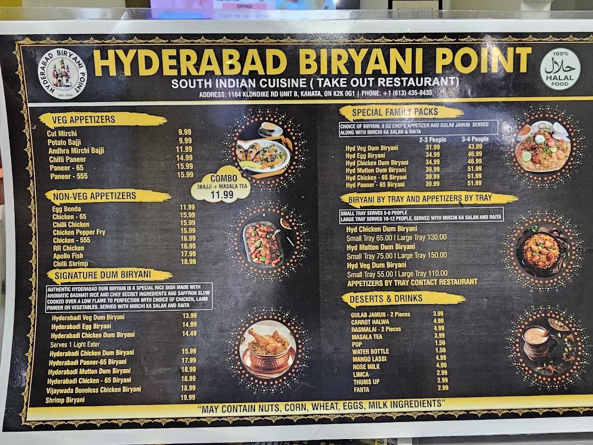 Menu au Hyderabad Biryani Point restaurant, Ottawa