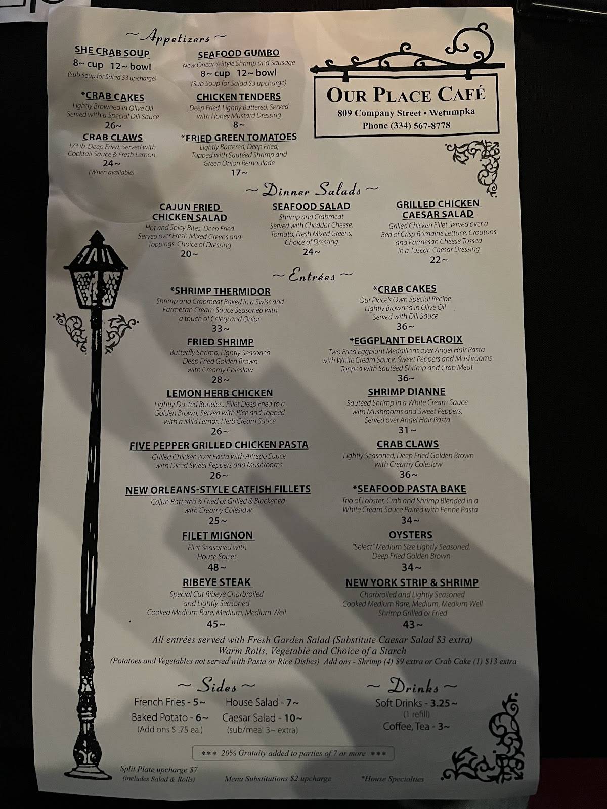 Menu at Our Place Cafe, Wetumpka