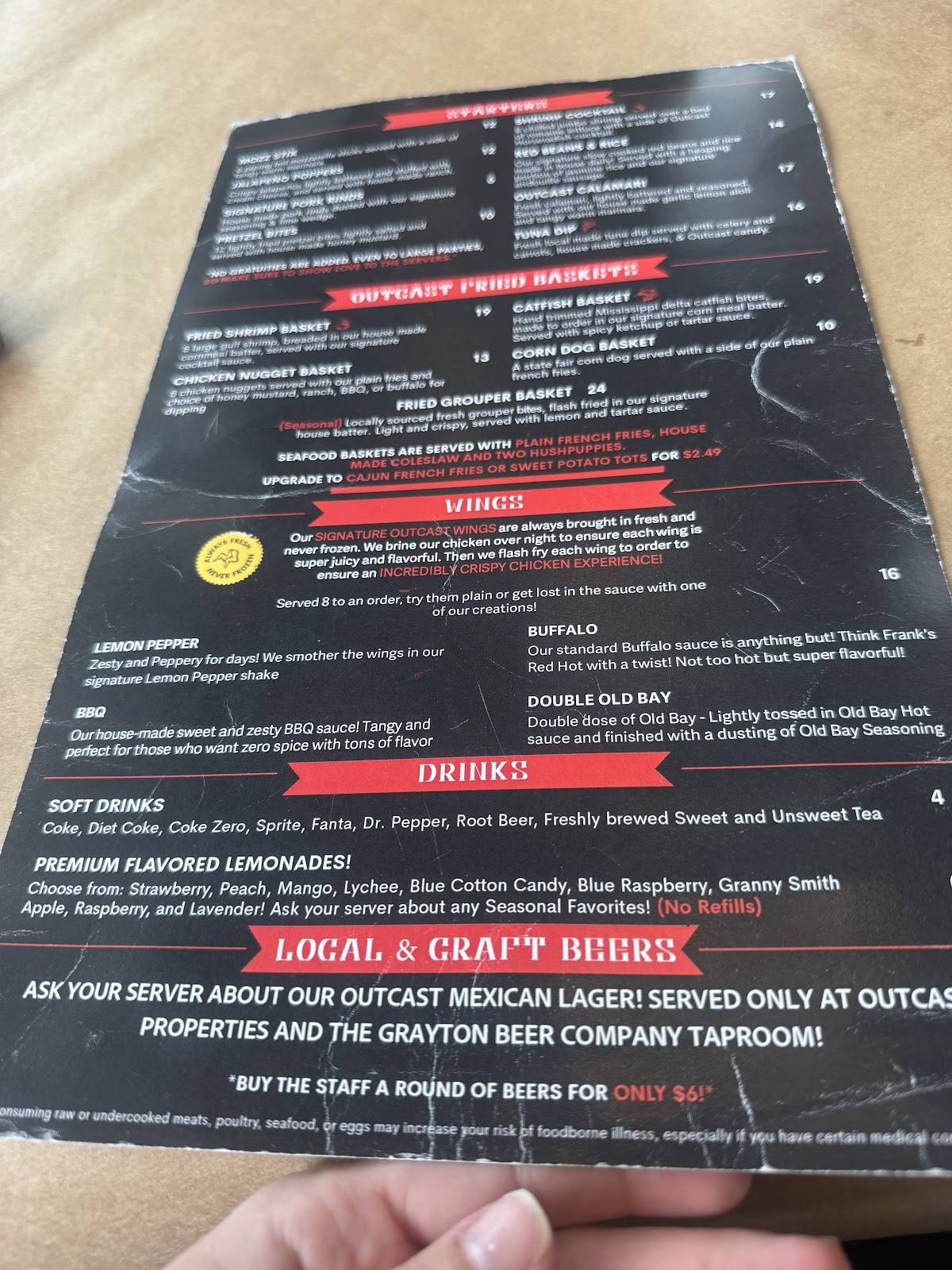 Menu at Outcast Seafood restaurant, Miramar Beach, Emerald Coast Pkwy ...