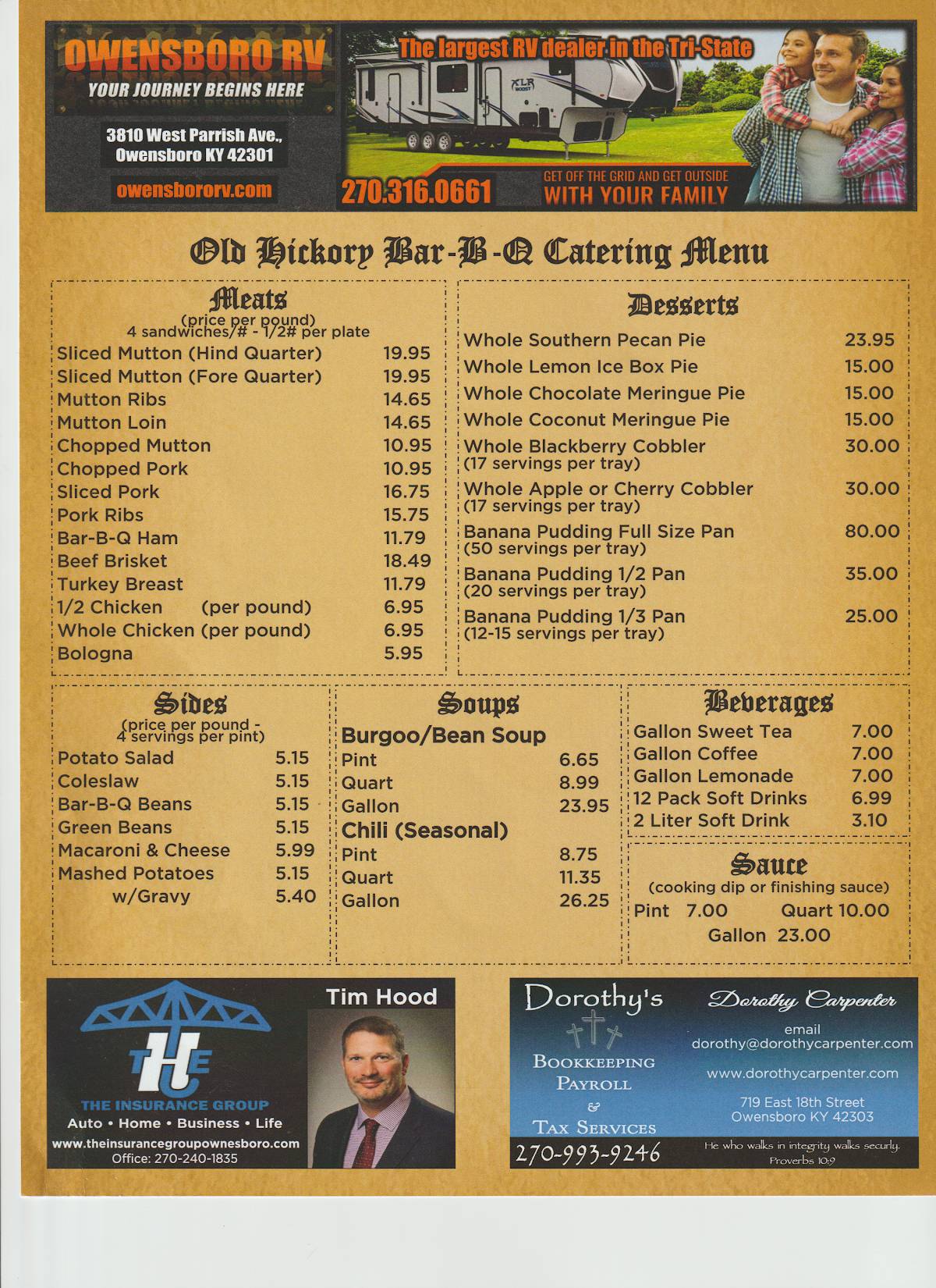Menu at Old Hickory Bar-B-Que, Owensboro