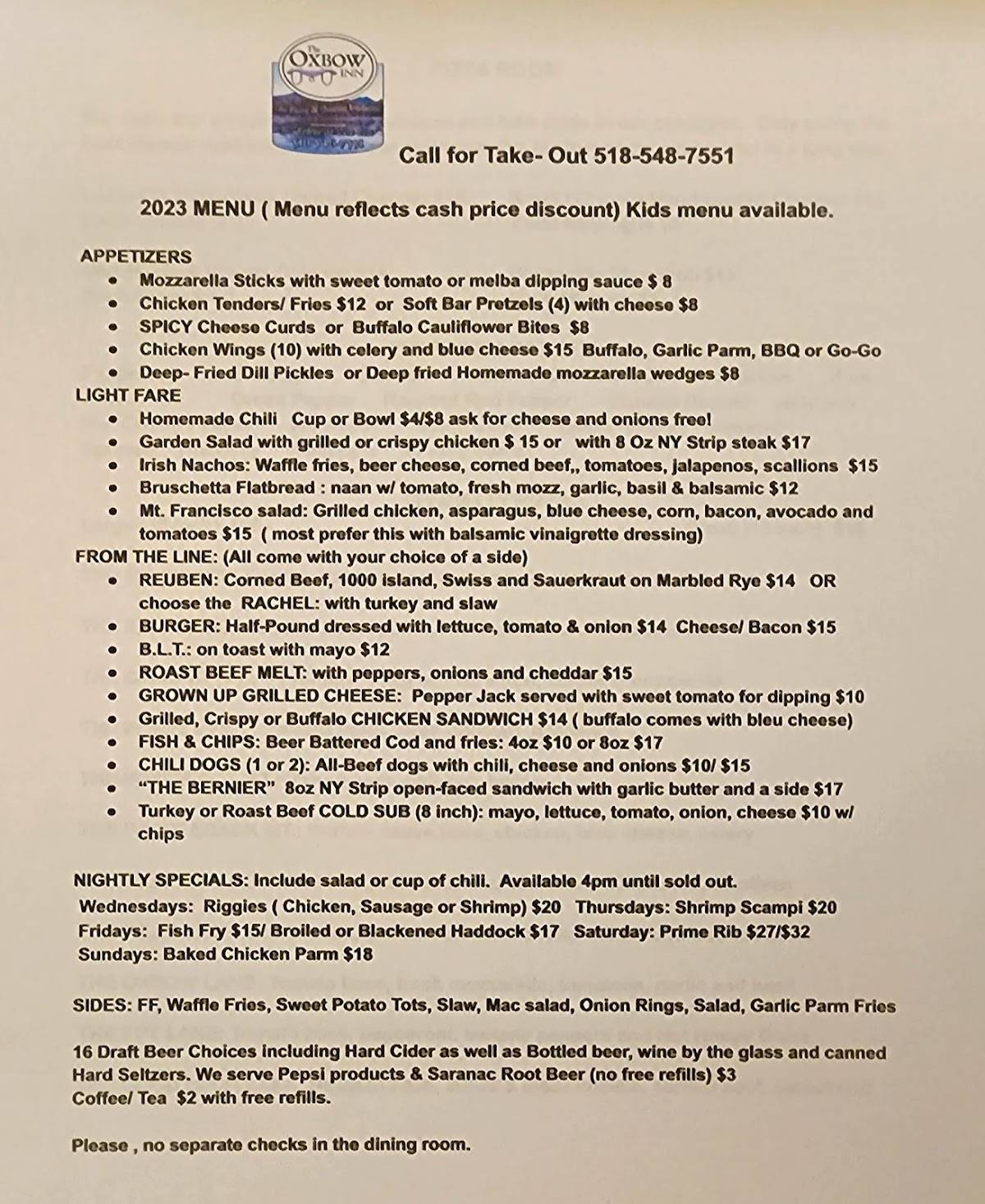 Menu at Oxbow Inn pub & bar, Speculator, NY-8