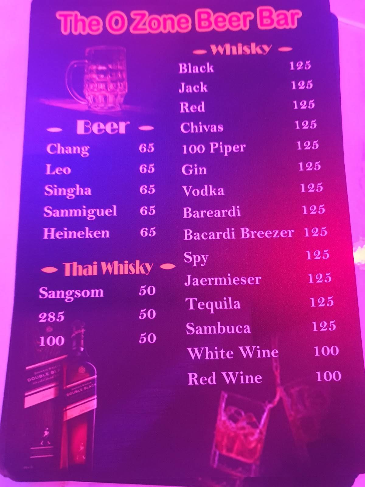 Menu at Ozone bar, Pattaya City
