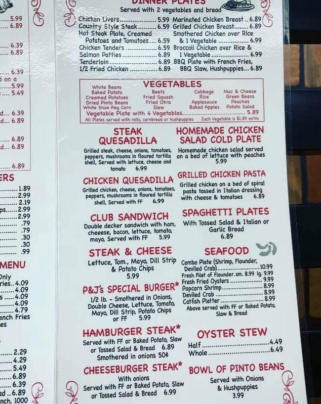 Menu at P & J's Diner restaurant, Asheboro