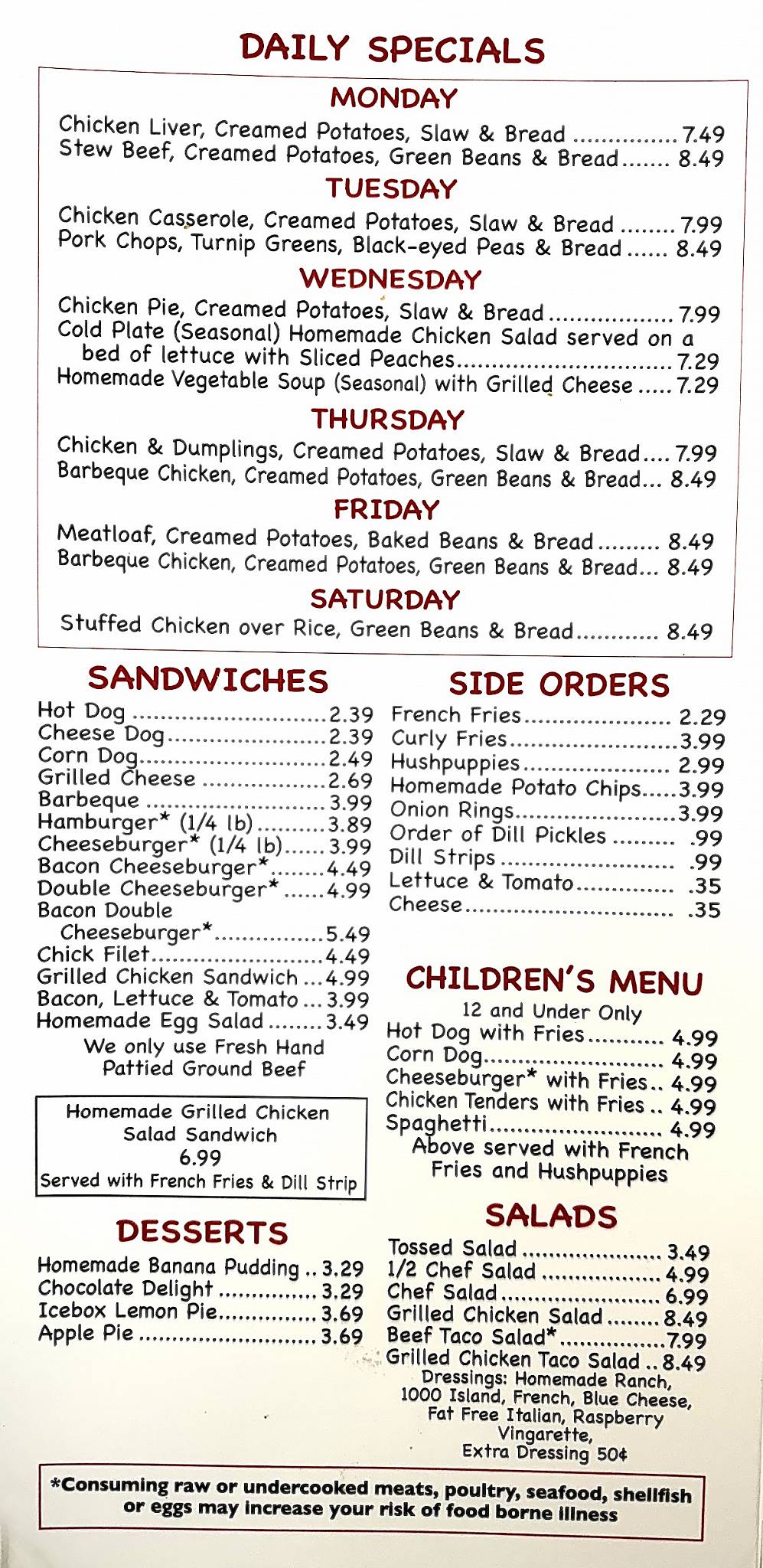 Menu at P & J's Diner restaurant, Asheboro