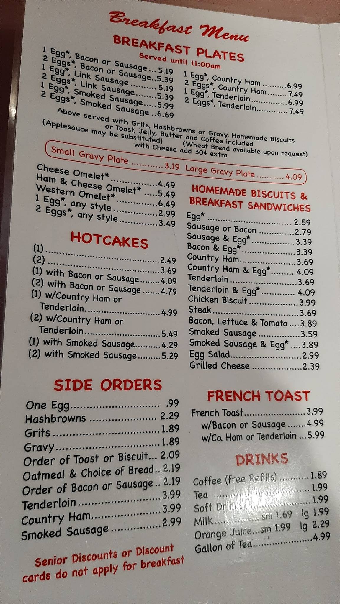 Menu at P & J's Diner restaurant, Asheboro