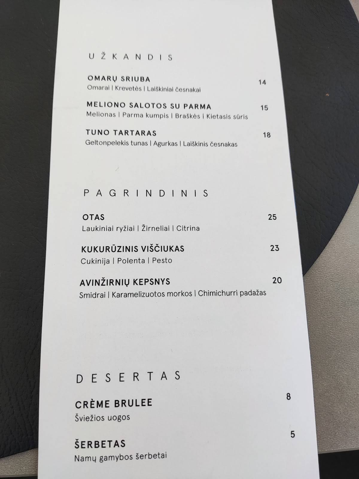 Menu au PACAI Restaurant & Bar, Vilnius