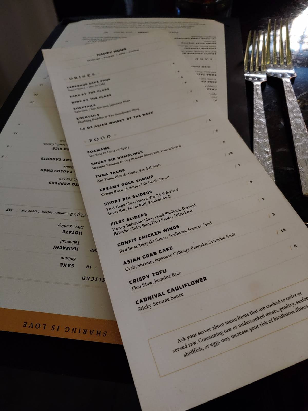 Menu at PAO Detroit restaurant, Detroit