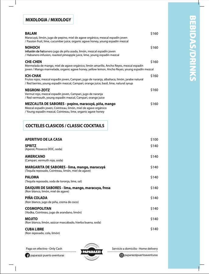 Carta de Paparazzi Restaurante Pizzería, Puerto Aventuras